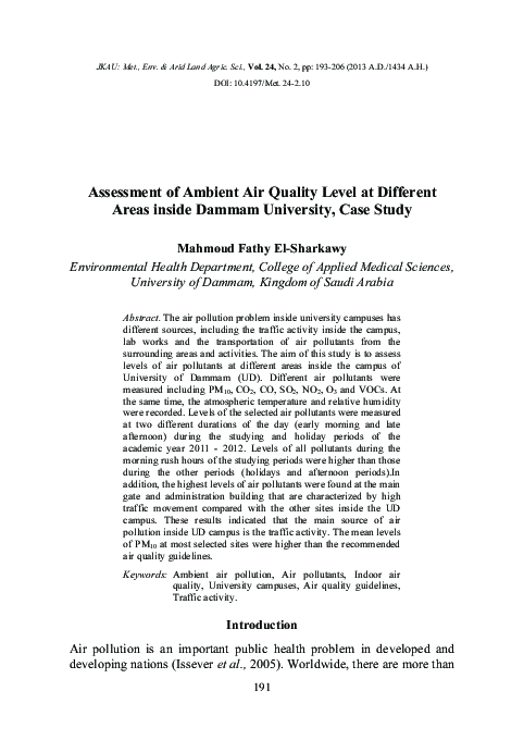(PDF) Assessment of Ambient Air Quality Level at Different Areas inside ...