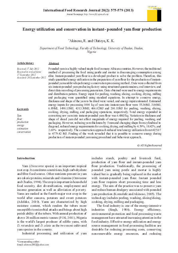 (PDF) Energy utilization and conservation in instant-pounded yam flour ...