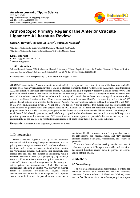 (PDF) Arthroscopic Primary Repair of the Anterior Cruciate Ligament: A ...