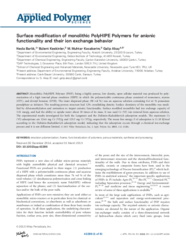(PDF) Surface modification of monolithic PolyHIPE Polymers for anionic ...