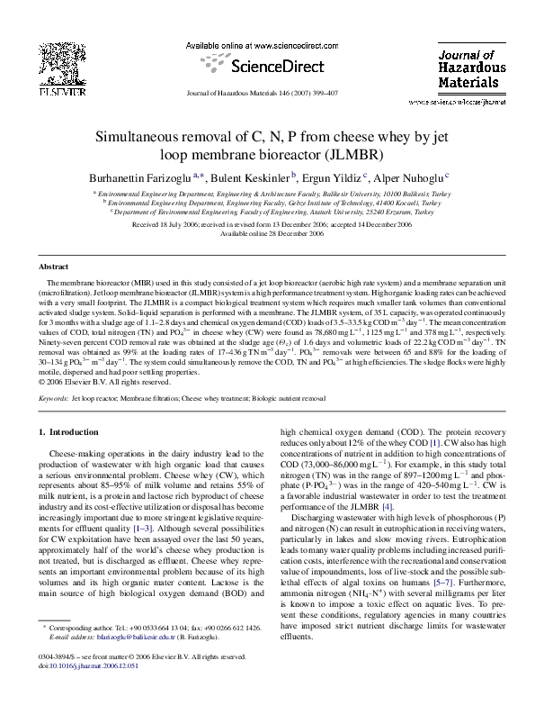 (PDF) Simultaneous removal of C, N, P from cheese whey by jet loop ...