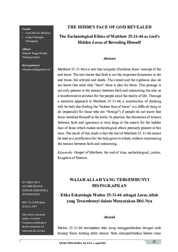 (PDF) THE HIDDEN FACE OF GOD REVEALED The Eschatological Ethics of ...