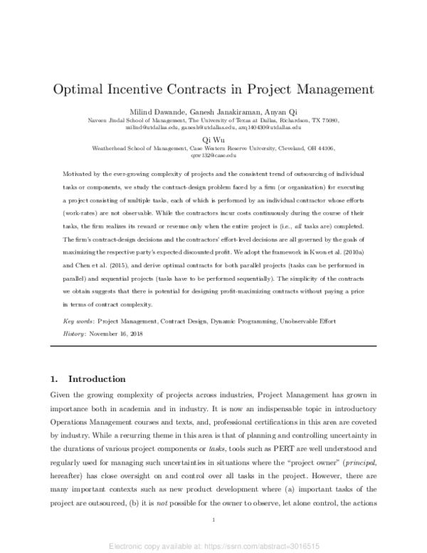 (PDF) Optimal Incentive Contracts in Project Management