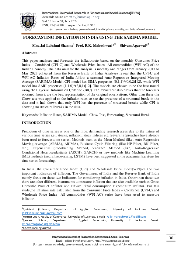 (PDF) FORECASTING INFLATION IN INDIA USING THE SARIMA MODEL