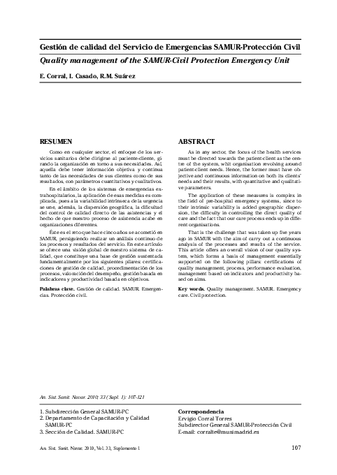 (PDF) Gestión de calidad del Servicio de Emergencias SAMUR-Protección Civil