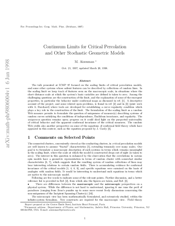 (PDF) Continuum Limits for Critical Percolation and Other Stochastic ...