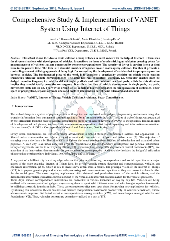 (PDF) Comprehensive Study & Implementation of VANET System Using Internet of Things