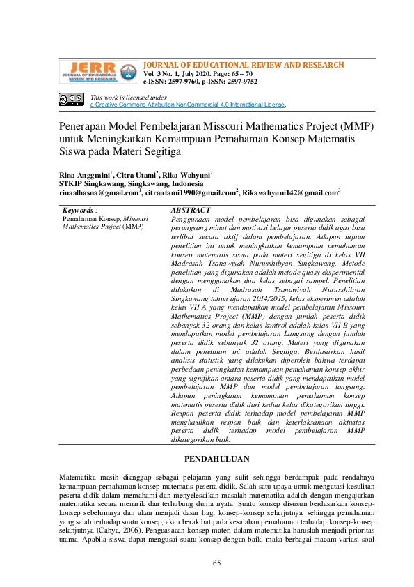 (PDF) Penerapan Model Pembelajaran Missouri Mathematics Project (MMP ...
