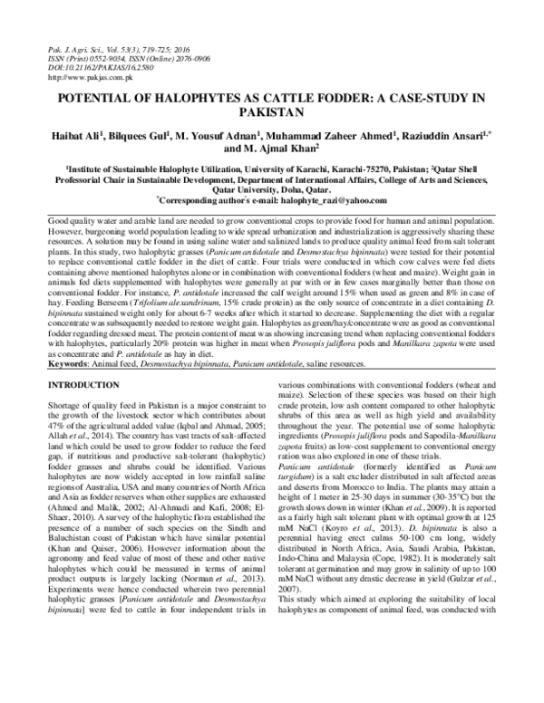 (PDF) Potential of Halophytes as Cattle Fodder: A Case-Study in Pakistan