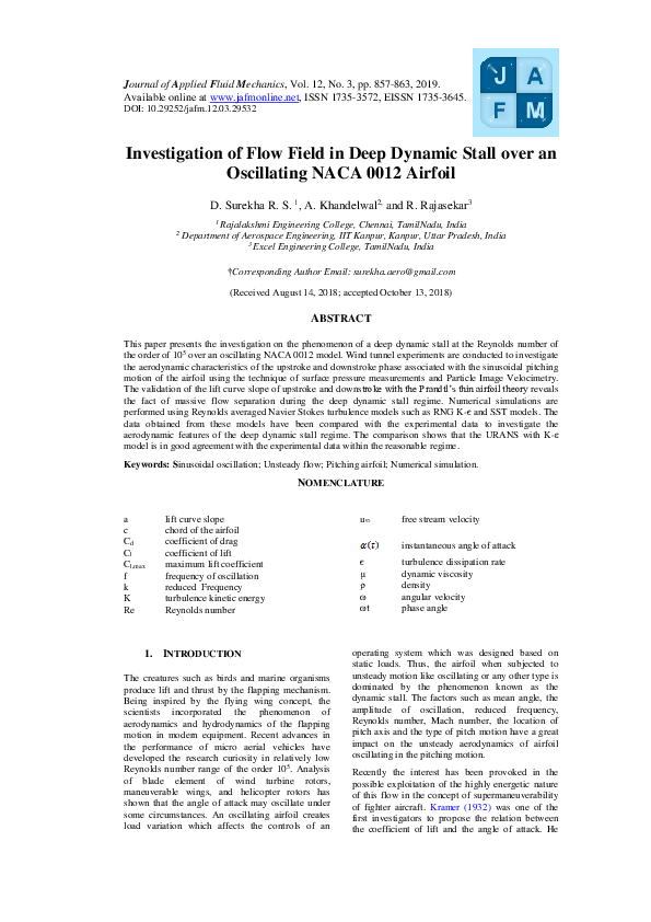 (PDF) Investigation of Flow Field in Deep Dynamic Stall over an Oscillating NACA 0012 Airfoil ...