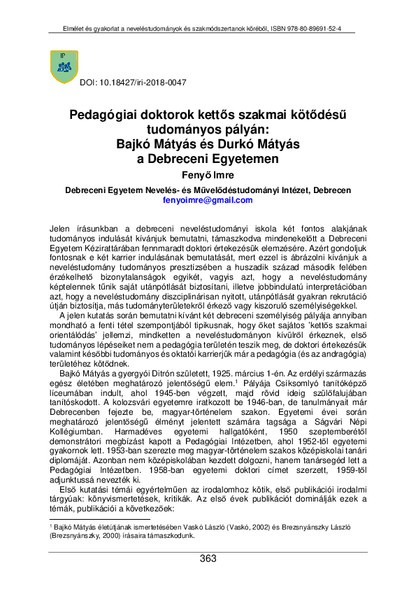 (PDF) Pedagógiai doktorok kettős szakmai kötődésű tudományos pályán ...