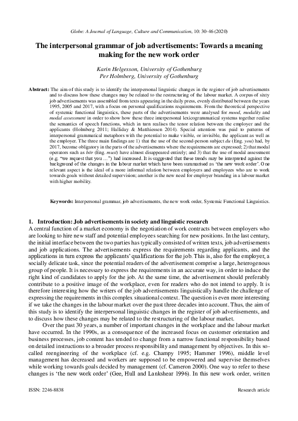(PDF) The interpersonal grammar of job advertisements: Towards a ...