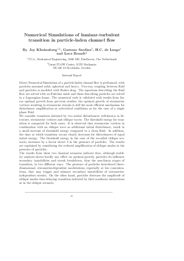 (PDF) Numerical Simulations of laminar-turbulent transition in particle-laden channel flow