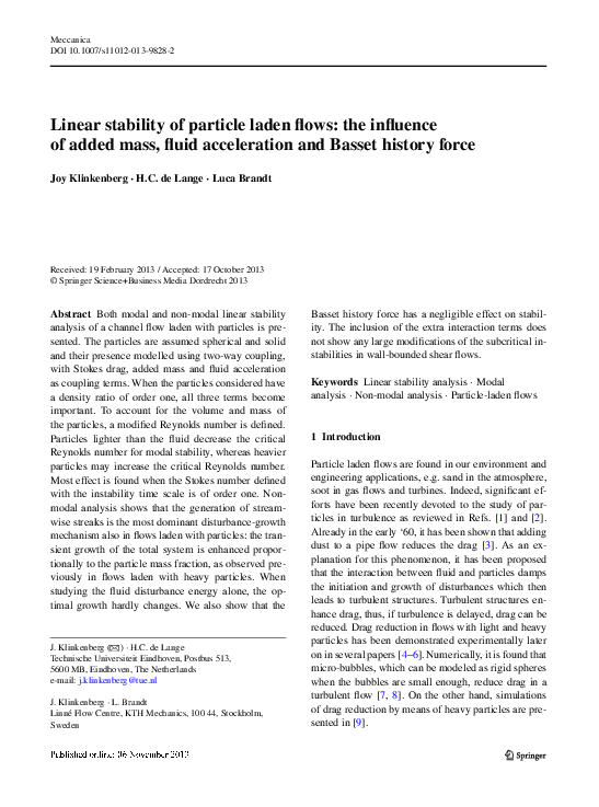 (PDF) Linear stability of particle laden flows: the influence of added ...
