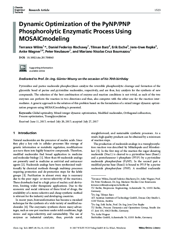 (PDF) Dynamic Optimization of the PyNP/PNP Phosphorolytic Enzymatic Process Using MOSAICmodeling