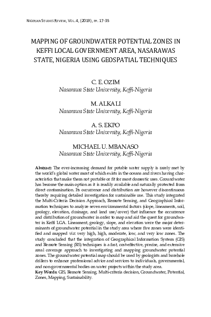 (PDF) Mapping of Groundwater Potential Zones in Keffi Local Government ...