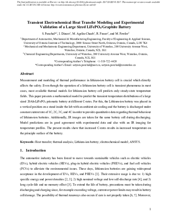 (PDF) Transient electrochemical heat transfer modeling and experimental validation of a large ...