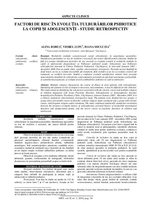 (PDF) Factori De Risc În Evoluția Tulburărilor Psihotice La Copii Și ...