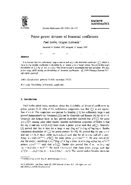 (PDF) Prime power divisors of binomial coefficients