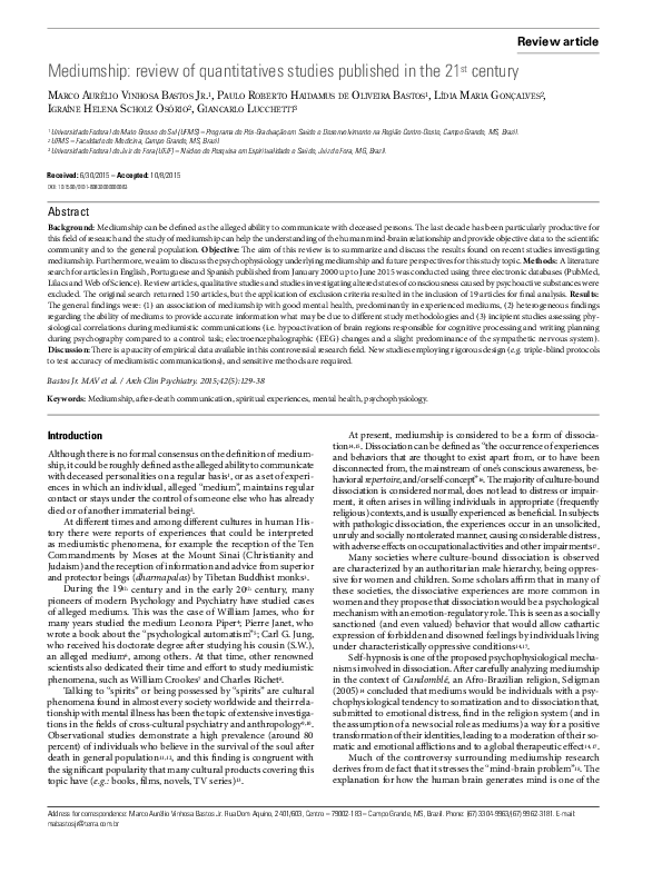 (PDF) Mediumship: review of quantitatives studies published in the 21st ...