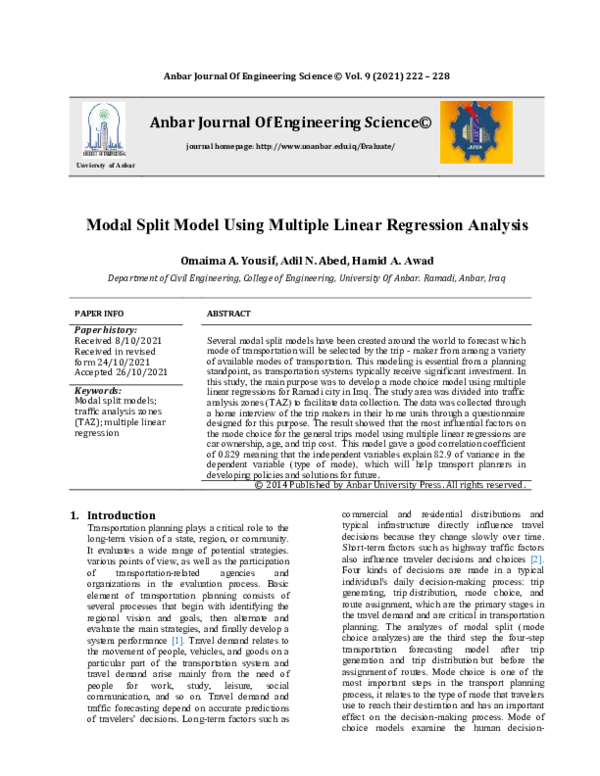 (PDF) Modal Split Model Using Multiple Linear Regression Analysis