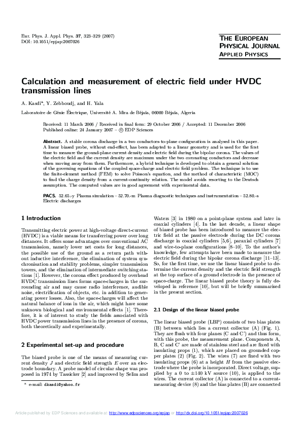 (PDF) Calculation and measurement of electric field under HVDC transmission lines