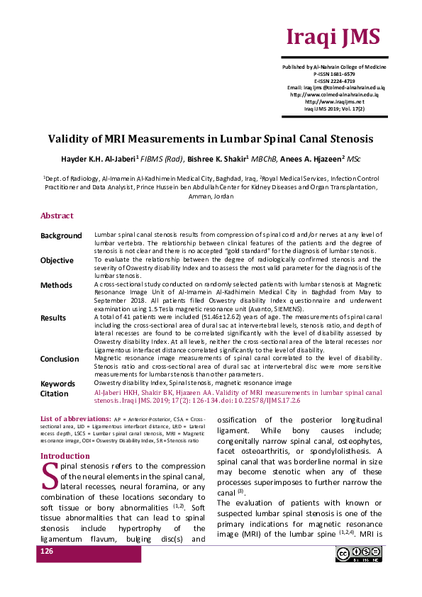 (PDF) Validity of MRI Measurements in Lumbar Spinal Canal Stenosis