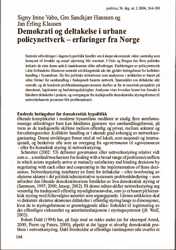 (PDF) Demokrati og deltakelse i urbane policynettverk - erfaringer fra ...
