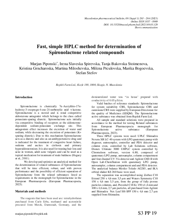 (PDF) Fast, simple HPLC method for determination of Spironolactone related compounds