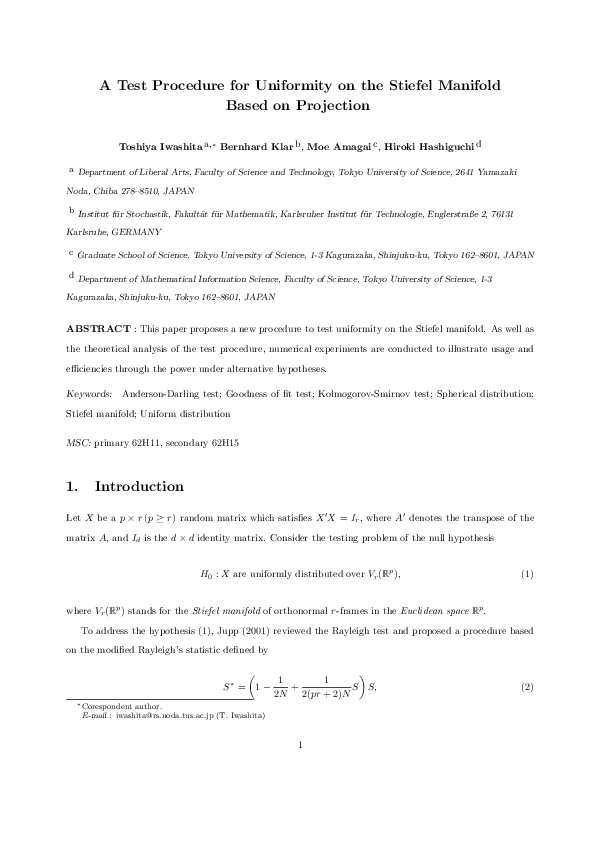 (PDF) A test procedure for uniformity on the Stiefel manifold based on ...