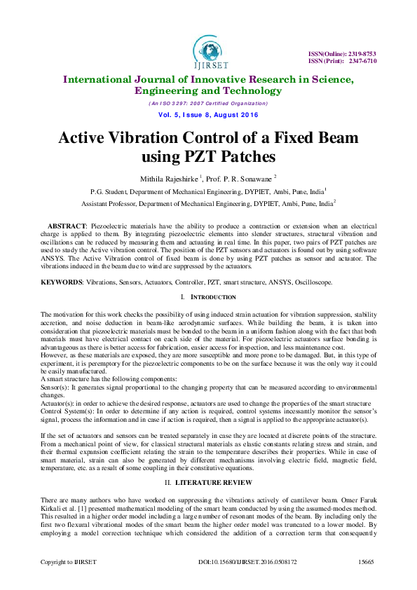 (PDF) Active Vibration Control of a Fixed Beam using PZT Patches