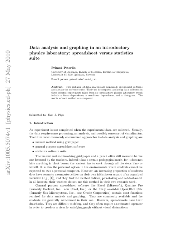 (PDF) Data analysis and graphing in an introductory physics laboratory: spreadsheet versus ...