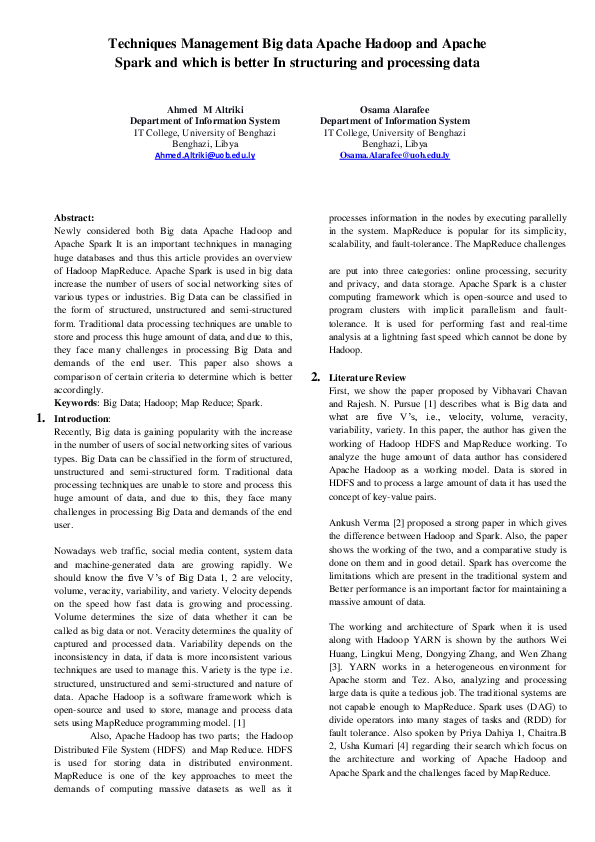 Pdf Techniques Management Big Data Apache Hadoop And Apache Spark And Which Is Better In