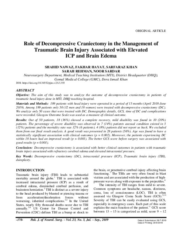 (PDF) Role of Decompressive Craniectomy in the Management of Traumatic ...