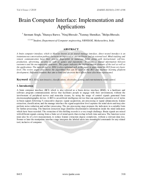 Pdf Brain Computer Interface Implementation And Applications