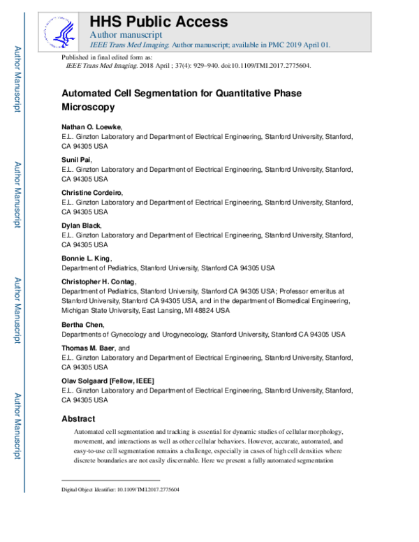 (PDF) Automated Cell Segmentation for Quantitative Phase Microscopy
