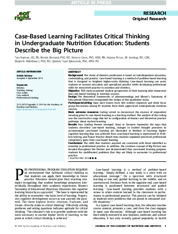 (PDF) Case-Based Learning Facilitates Critical Thinking in ...