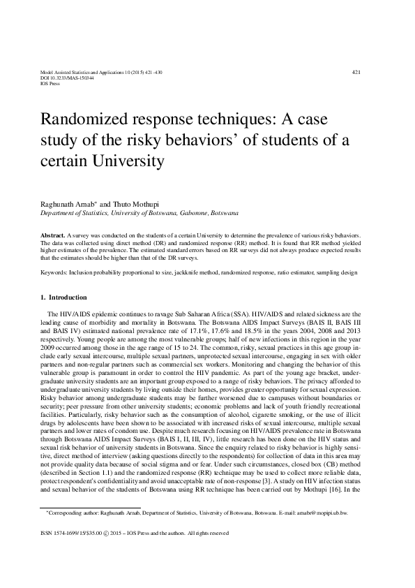 (PDF) Randomized response techniques: A case study of the risky behaviors' of students of a ...