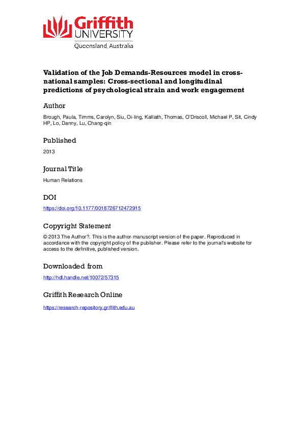 (PDF) Validation of the Job Demands-Resources model in cross-national ...
