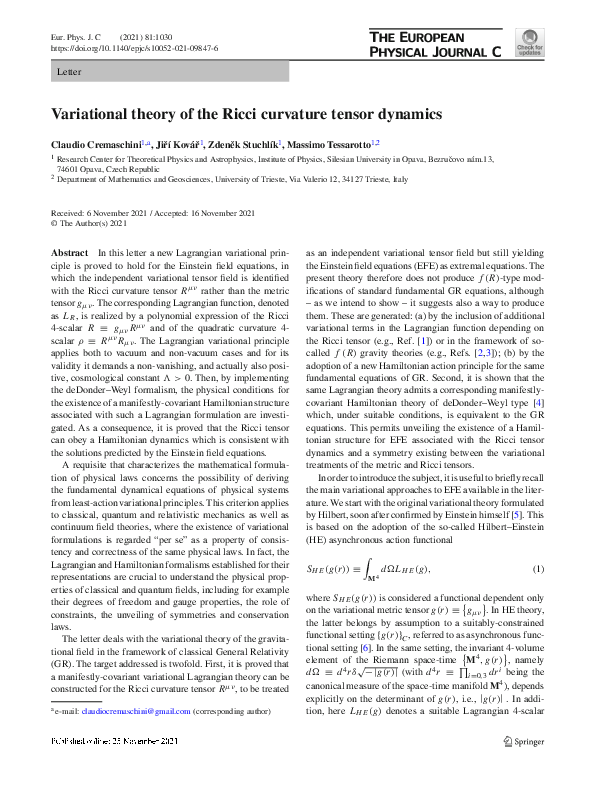 (PDF) Variational theory of the Ricci curvature tensor dynamics