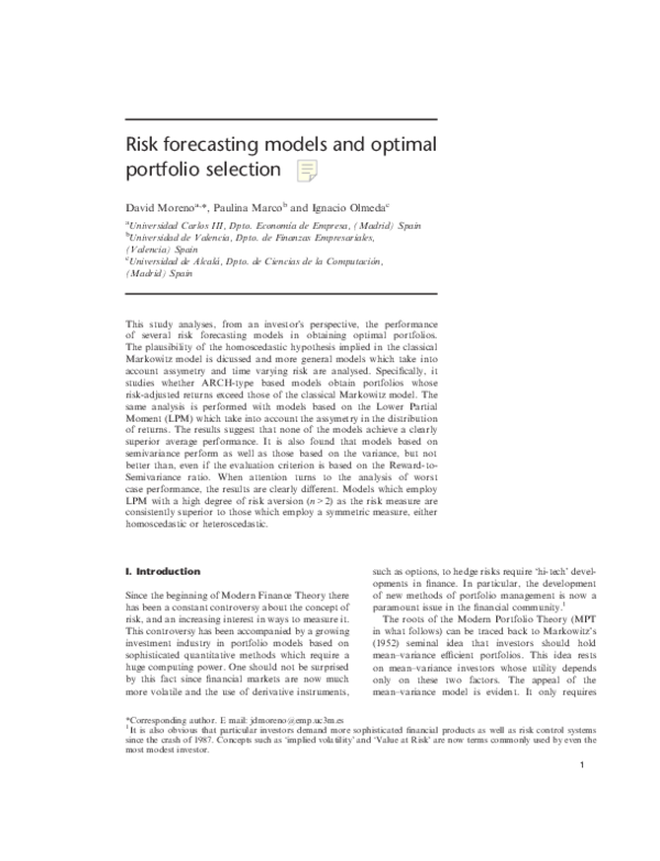 Pdf Risk Forecasting Models And Optimal Portfolio Selection David
