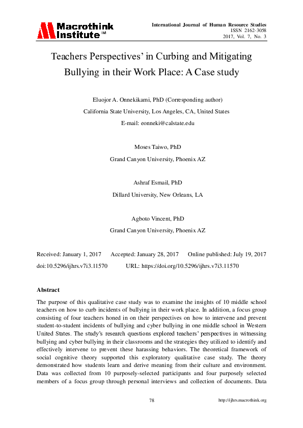 (PDF) Teachers Perspectives’ in Curbing and Mitigating Bullying in ...