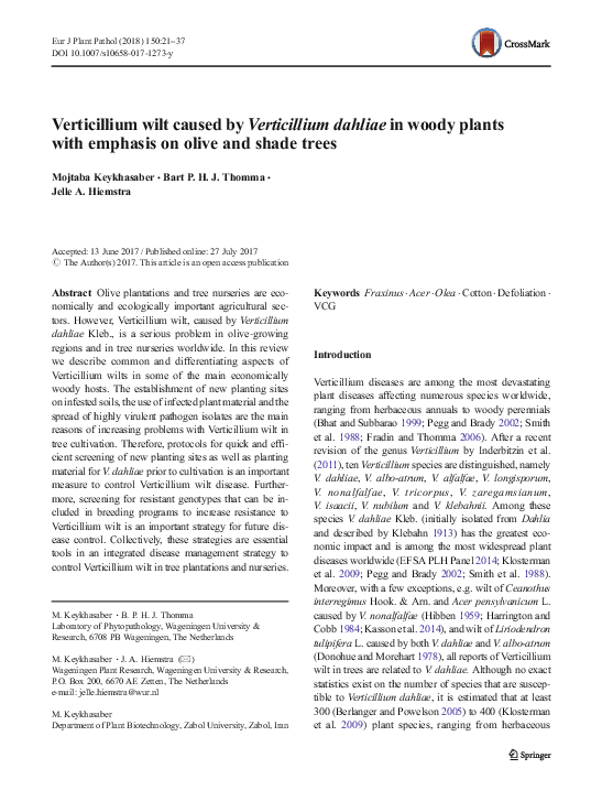 (PDF) Verticillium wilt caused by Verticillium dahliae in woody plants ...