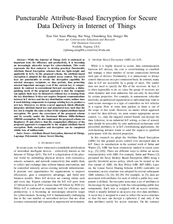 (PDF) Puncturable Attribute-Based Encryption for Secure Data Delivery in Internet of Things