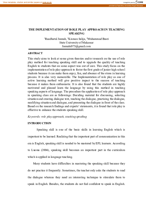 (PDF) The Implementation of Role Play Approach in Teaching Speaking
