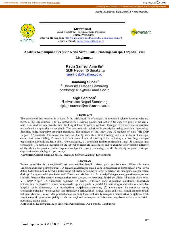 (PDF) Analisis Kemampuan Berpikir Kritis Siswa Pada Pembelajaran IPA Terpadu Tema Lingkungan