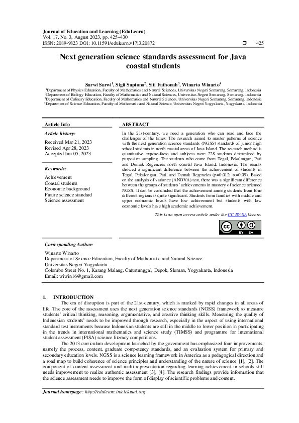 (PDF) Next generation science standards assessment for Java coastal students