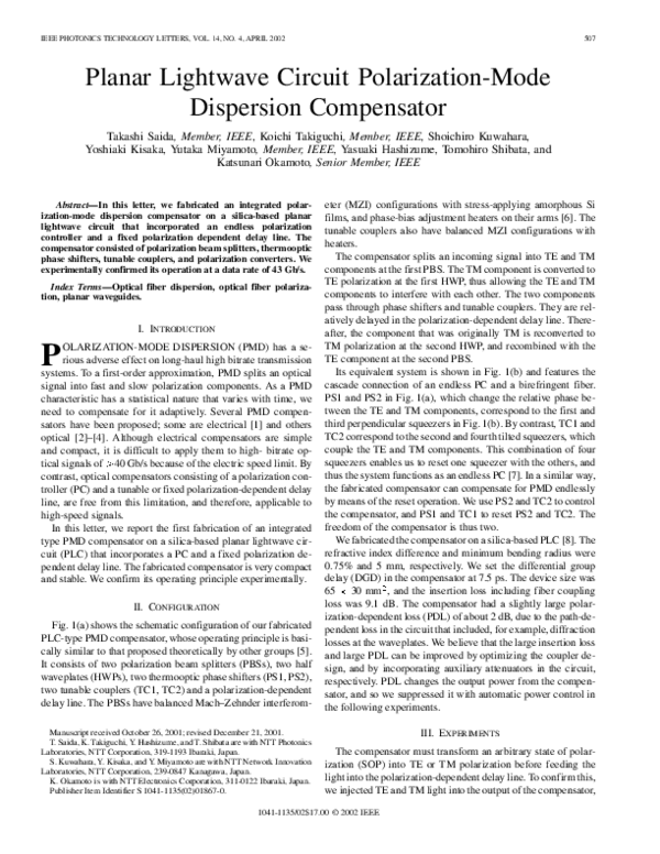 (PDF) Planar lightwave circuit polarization-mode dispersion compensator