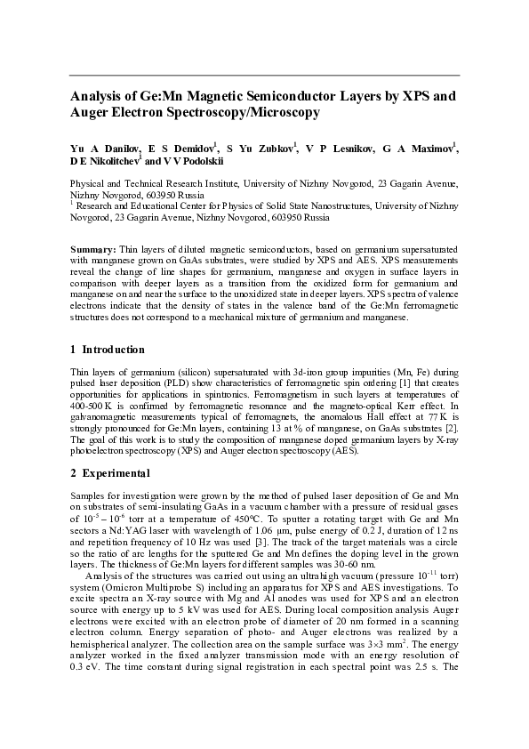 (PDF) Analysis of Ge:Mn Magnetic Semiconductor Layers by XPS and Auger ...