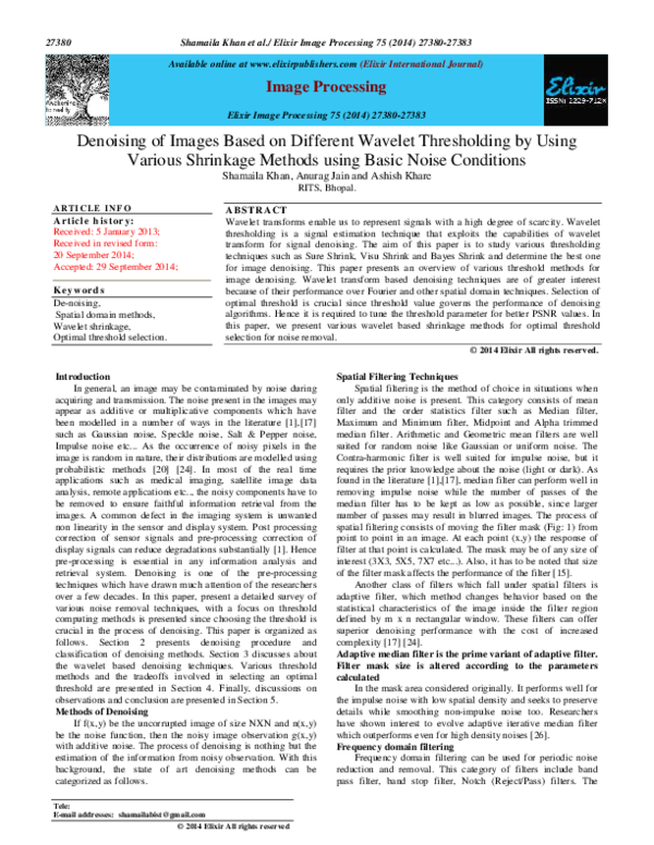 (PDF) Denoising of Images Based on Different Wavelet Thresholding by Using Various Shrinkage ...
